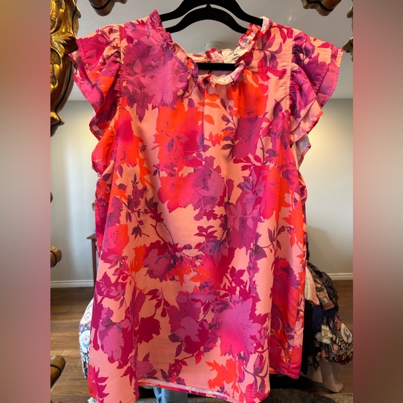 entro | Tops | Entro Pink And Purple Floral Blouse With Ruffle Sleeve ...